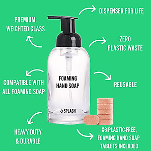 Splash | Glass Soap Dispenser with Foam Pump | Refillable Foaming Soap Dispenser for Bathroom Kitchen | 2 Pack 8 FL OZ (16oz Total) Clear Soap Dispenser | x6 Hand Soap Included