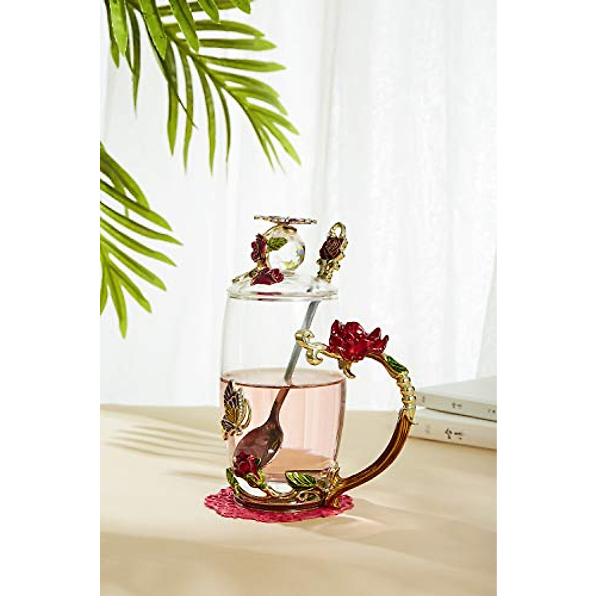 Flower Teacup Transparent Glass Teacup, (With Spoon + Lid) , Fancy Tea Cups , Flower Tea Cup,Tea Cup Gift, Gifts for Women,Mother's Day Present，Gift Box. (Rose Red High Cup)