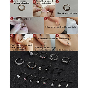 MUSECLOUD 20G Black Nose Rings For Women Men 6pcs Stainless Steel Nose Rings Hoops 12pcs L Shape Nose Rings Studs Heart CZ 8mm Cartilage Hoop Flower Star Nose Piercing Jewelry (Black)