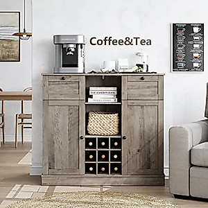 HOSTACK Buffet Sideboard Cabinet, Wine Bar Cabinet with Drawers and Removable Wine Rack, Coffee Bar Storage Cabinet with Shelves for Kitchen, Dining Room, Living Room, Ash Grey