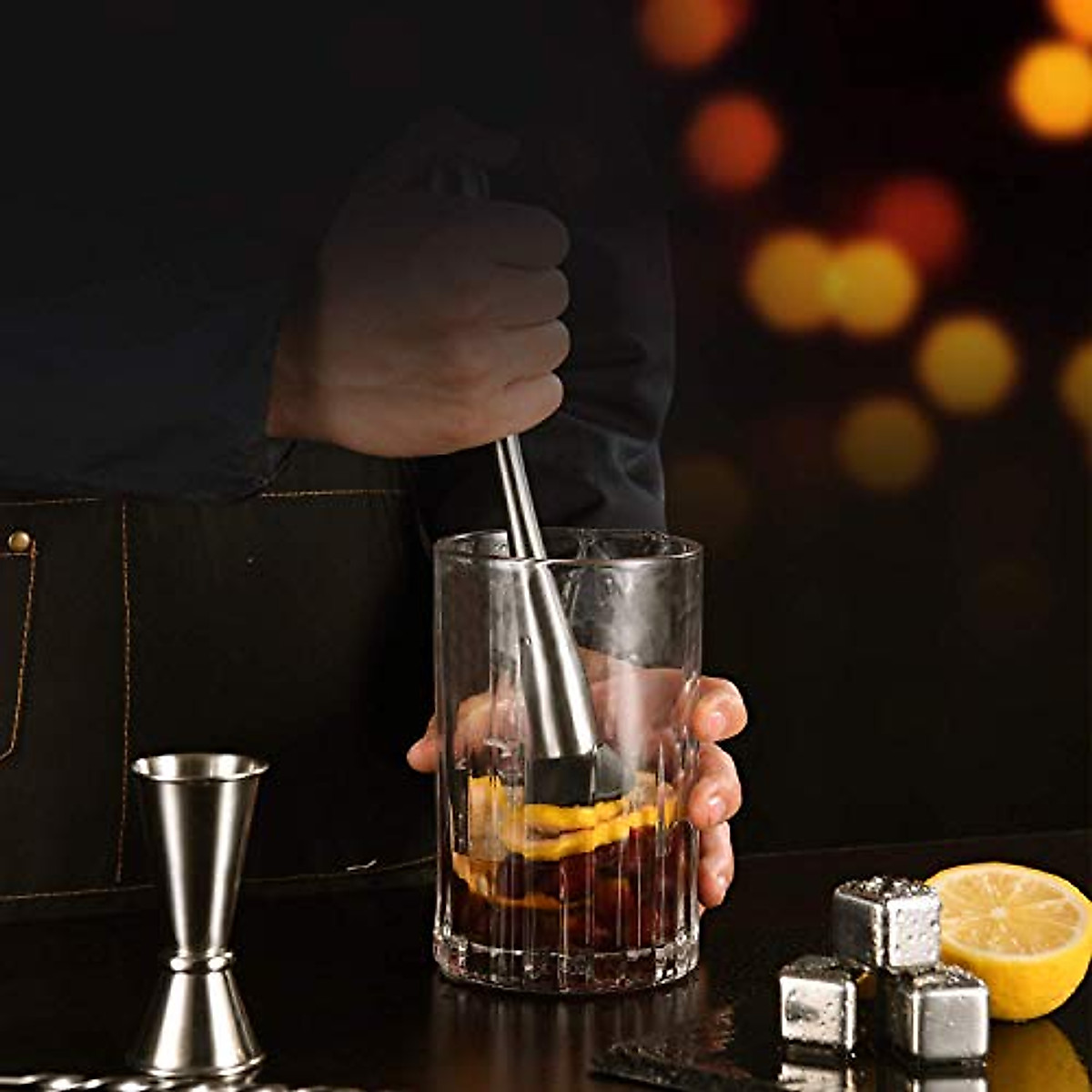 Stainless Steel Muddler for Cocktails,Mixing Spoon and Measuring Jigger,Professional Bar Tools,10-inch Bar Muddler for Making Mojitos,Margaritas and Other Fruit Based Drinks.