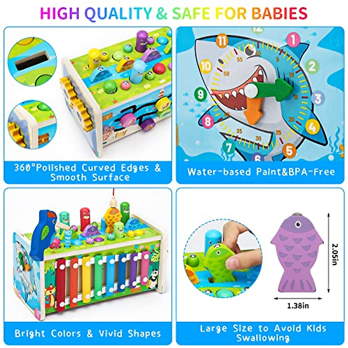 WEELIKEE 8-in-1 Wooden Hammering Pounding Toys for 1 2 3 4 Year Old Boys and Girls, Wooden Montessori Toys for Babies, Whack a Mole Game with Xylophone and Fishing Game Toddler Activities Gift