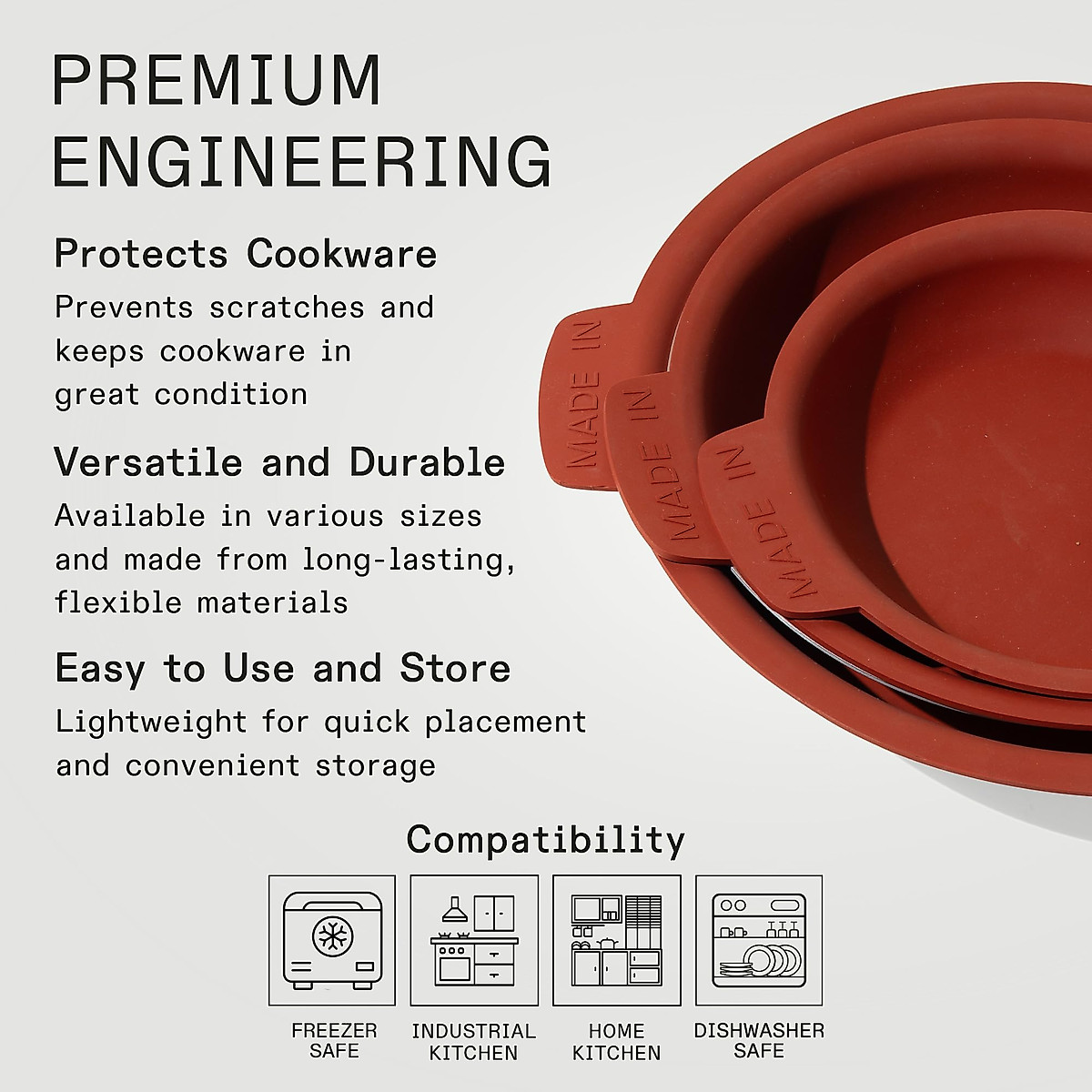 Made In Cookware - 3 Piece Set (Includes 8",10",12") Frying Pan Protectors - Red - Molded Silicone - Dishwasher Safe