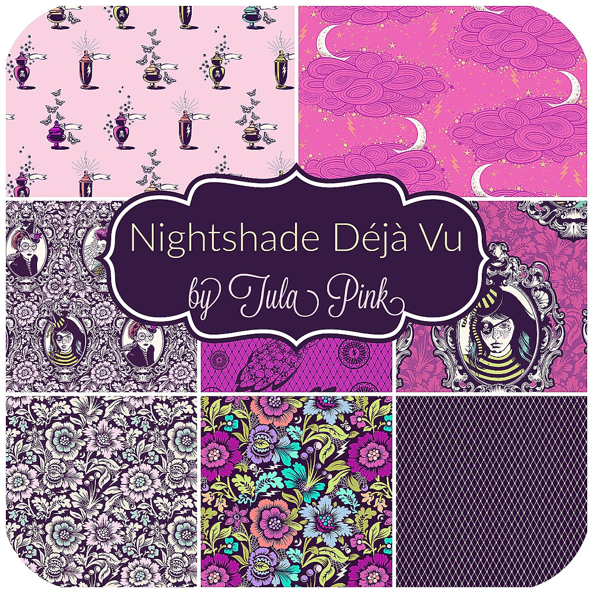 Nightshade Déjà Vu Fat Quarter Bundle (8 Pieces) by Tula Pink for Free Spirit 18 x 21 inches (45.72 cm x 53.34 cm) Fabric cuts DIY Quilt Fabric