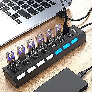 USB Hub Multi Port Splitter - LOBKIN 7 Port Data Hub USB 2.0 with Individual On/Off Switch and LED Lights Portable Desktop USB Hub Extender Ports for Laptop Computer PC MacBook