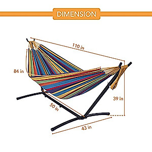 Prime Garden Cotton Rope Hammock with Space Saving Steel Hammock Stand, 2 Person Double Freestanding Hammock with Carry Bag for Outdoor Patio Yard Backyard 450 lb Capacity (Elegant Rainbow Stripe)