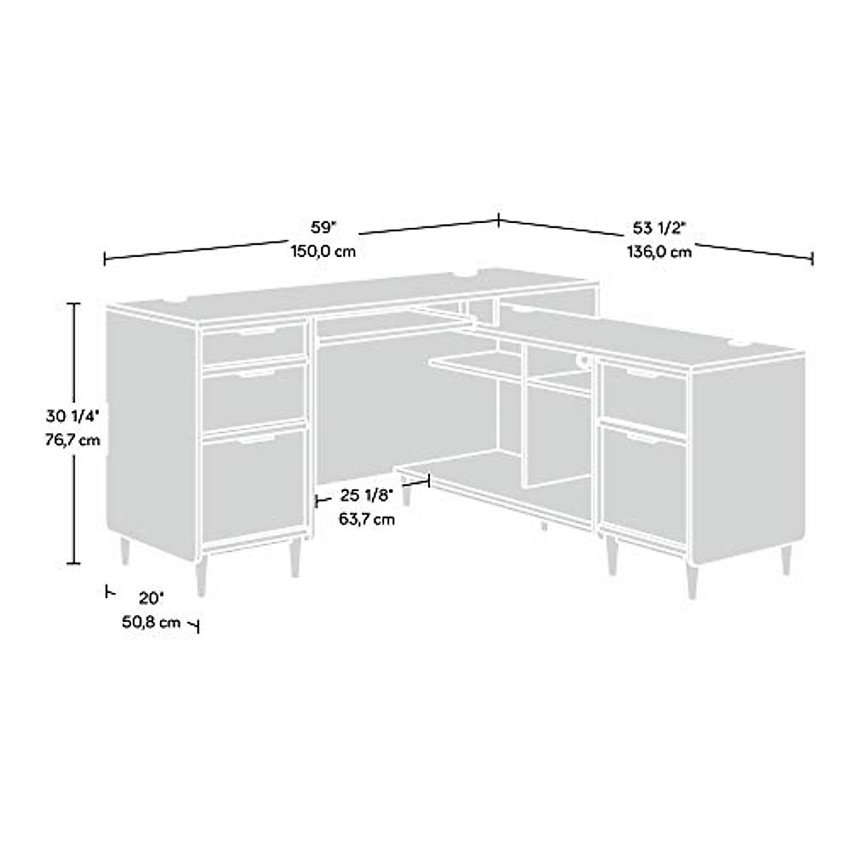 Sauder Clifford Place L-Desk, L: 59.06" x W: 53.54" x H: 30.2", Grand Walnut finish