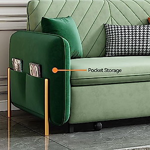 comfor u 53.5" Full Sleeper Sofa Green Upholstered Convertible Sofa Bed 3 in 1 Sleeper Sofa Couch Bed, Small Tufted Velvet Convertible Loveseat Futon Sofa w/Pullout Bed, Multi-Pockets for Living Room