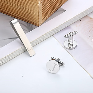 LOYALLOOK Classic Engraved Initial Cufflinks and Tie Clip Bar Set Alphabet Letter Formal Business Wedding Shirts J