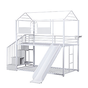 Bellemave House Bunk Bed with Slide and Stairs Twin Over Twin Floor Bunk Bed Frame Metal Playhouse Bunked with Storage Shelves for Kids Boys Girls Teens, White