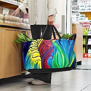 KQNZT Reusable Grocery Bags, Large Foldable Reusable Shopping Tote Bags Bulk for Groceries, Waterproof Kitchen Cloth Produce Bags with Long Handles, Oil Painting Artistic Peacock Feather