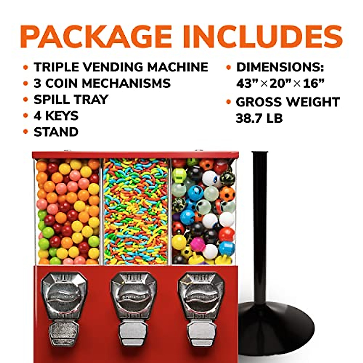 Vending Machine - Commercial Gumball and Candy Machine with Stand - Red Triple Vending Machine with Interchangeable Canisters - Coin Operated Candy Dispenser and Gumball Machine - Vending Dispenser