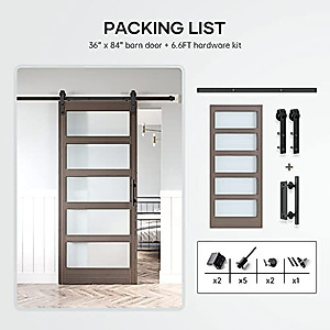 ROYMELO 36x84 Inch Glass Sliding Barn Door Slab and 6.6ft Hardware Kit Included, 5 Frosted Glass, LVL Wood Panel Covered with Elephant Gray Water-Proof Scratch-Proof PVC Surface, Simple DIY Assembly