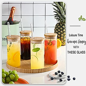 4 Set 20 OZ Drinking Glasses with Bamboo Lids and Straws, Borosilicate Glass Tumbler Cups - Tall Clear Iced Coffee Cups for Smoothie, Water, Juice, Coffee Bar Accessories - Cute Gifts, Reusable