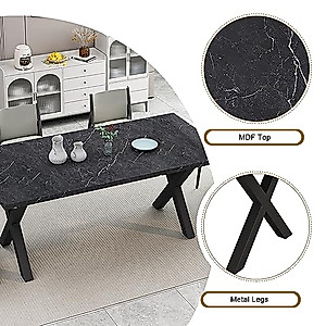 Modern 70-Inch Large Dining Table, Rectangular Table with Printed Marble Table Top, Faux Marble Luxury Dining Table with Metal X-Shape Legs, Modern Table for Office Kitchen Dining Living Room, Black