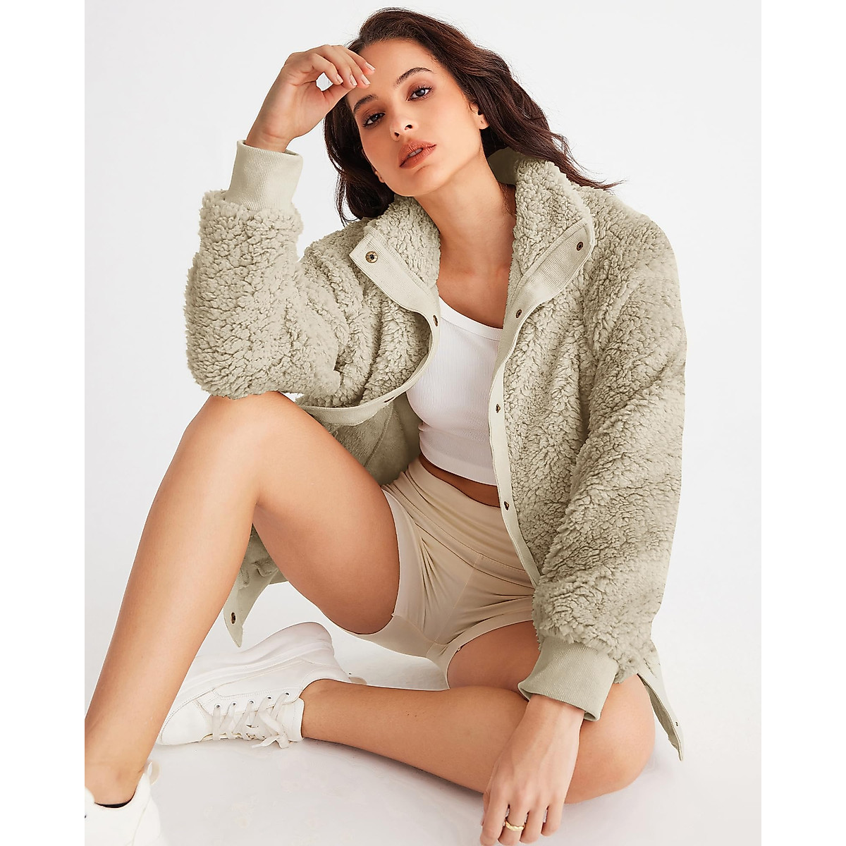 MEROKEETY Women's 2024 Winter Long Sleeve Button Sherpa Jacket Coat Casual Warm Fleece