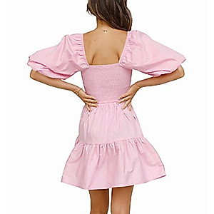 Atizon Women's Summer Smocked Dress Square Neck Puff Sleeve Casual Vintage Off Shoulder A-Line Short Mini Dress