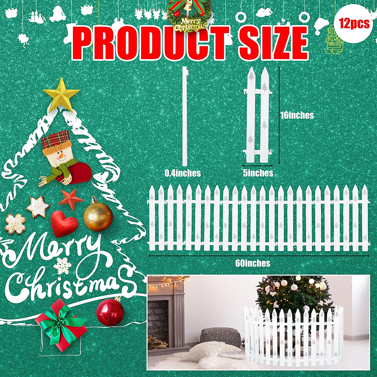 Extra Large 16” Christmas Tree Fence, 12pcs Christmas Tree Gate, White Picket Fence for Kids, Toddlers, Christmas Tree Barrier&Protector for Dogs, Cats