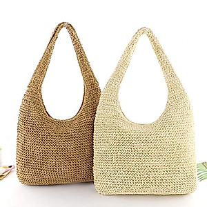 KESYOO Women Handcraft Tote Bag Natural Chic Straw Bag Hand-Woven Crochet Handbag Casual Shoulder Bag Hobo Bag (Beige) Beach Bag