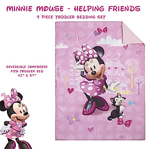 Disney Minnie Mouse Helping Friends 4 Piece Toddler Bedding set - Fitted Sheet, Pillow Case, Top Sheet, and Comforter Quilt - Pink