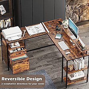 SUPERJARE Reversible Computer Desk with Power Outlets & File Cabinet, L Shaped Desk with Monitor Stand & Storage Shelves, Corner Desk Home Office Desk, Rustic Brown