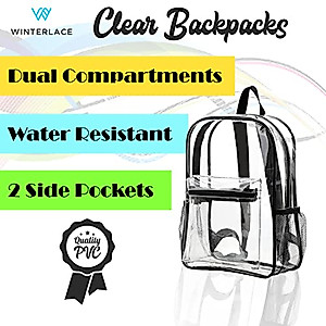 Winterlace 12 Pack 16" Clear Backpack Transparent Heavy Duty Water Resistant PVC for Sports, Stadiums, Festivals, Concerts (3 Assorted Styles)