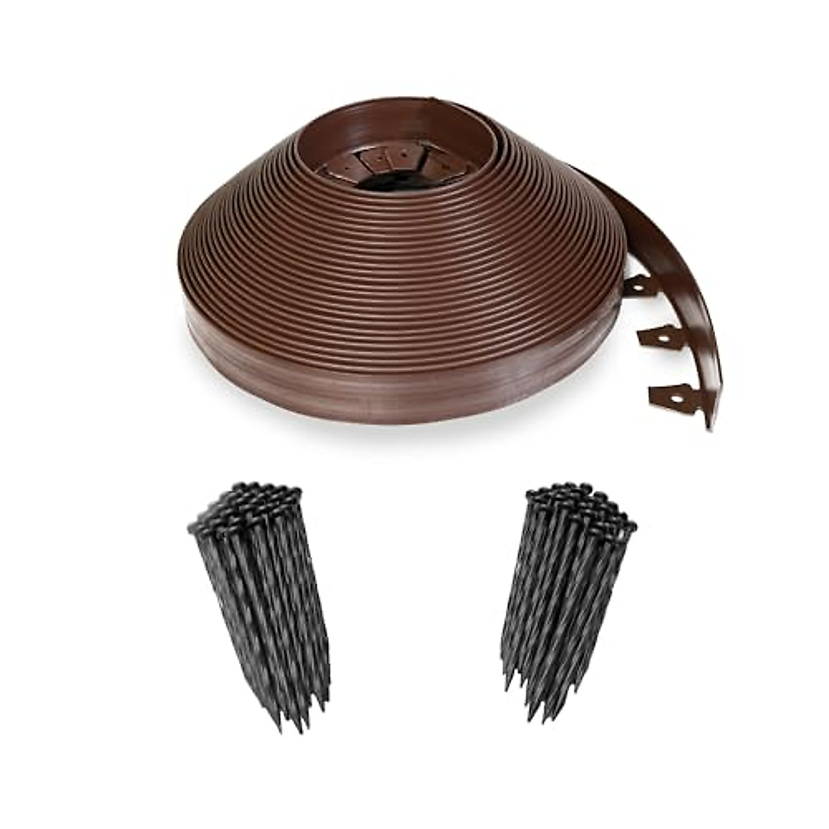 EasyFlex Tall Wall No-Dig Landscape Edging with Anchoring Spikes, 2.5 in. Tall Straight Top Plastic Garden Border with Plank Texture, 100 Foot Kit, Brown