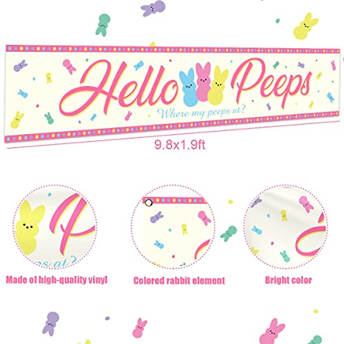 Large Happy Easter Sign Banner Spring Easter Decoration Hello Peeps Indoor and Outdoor Banner Easter Party Decoration Background Photo Prop (9.8 x 1.9 ft)