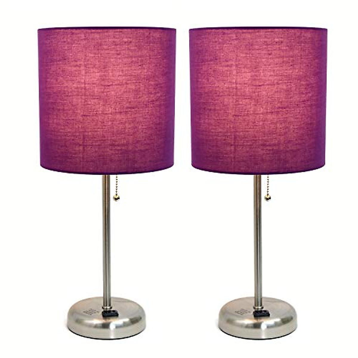 Limelights LC2001-PRP-2PK Brushed Steel Stick Lamp with Charging Outlet and Purple Fabric Shade 2 Pack Table Desk Lamp Set