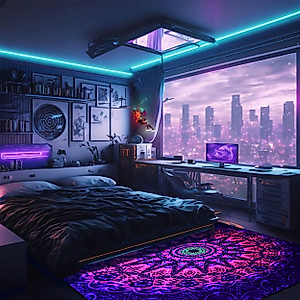 EISKBC Blacklight Mandala Area Rug, Large Neon UV Reactive Throw Rug, 3D Non-Slip Fluorescent Luminous Floor Mat Carpet, Boho Glow in The Dark Room Home Decor, 70x47inch