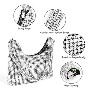 OSDUE Rhinestones Evening Bag, Full Rhinestone Bucket Bag, Glitter Evening Bag, Crystal Zipper Shoulder Bag for Wedding, Party, Club, Prom, Casual Date (Silver)