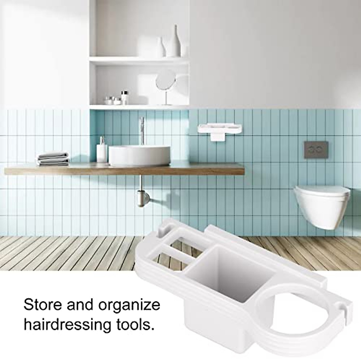 Adhesive Hair Dryer Holder, Wall Mounted No Drilling Plastic Bathroom Blow Drier Storage with Plug Hook, Hair Care Tools Organizer Basket with Cups for Curling Flat Straight Hot Iron(White)