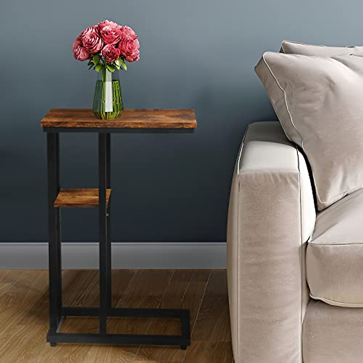 C Shaped Side Table for Sofa, Couch End Table for Small Spaces，Skinny Couch Side Tables Slide Under Sofa Bed,Snack Table with Bamboo, Modern Rustic Brown …