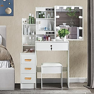 Makeup Vanity with Lights and Charging Station,Lighted Mirror Vanity with 3 Lighting Modes,Vanity Desk with 4 Drawers & Cushioned Stool,Modern Vanity Table for Girls Bedroom,White