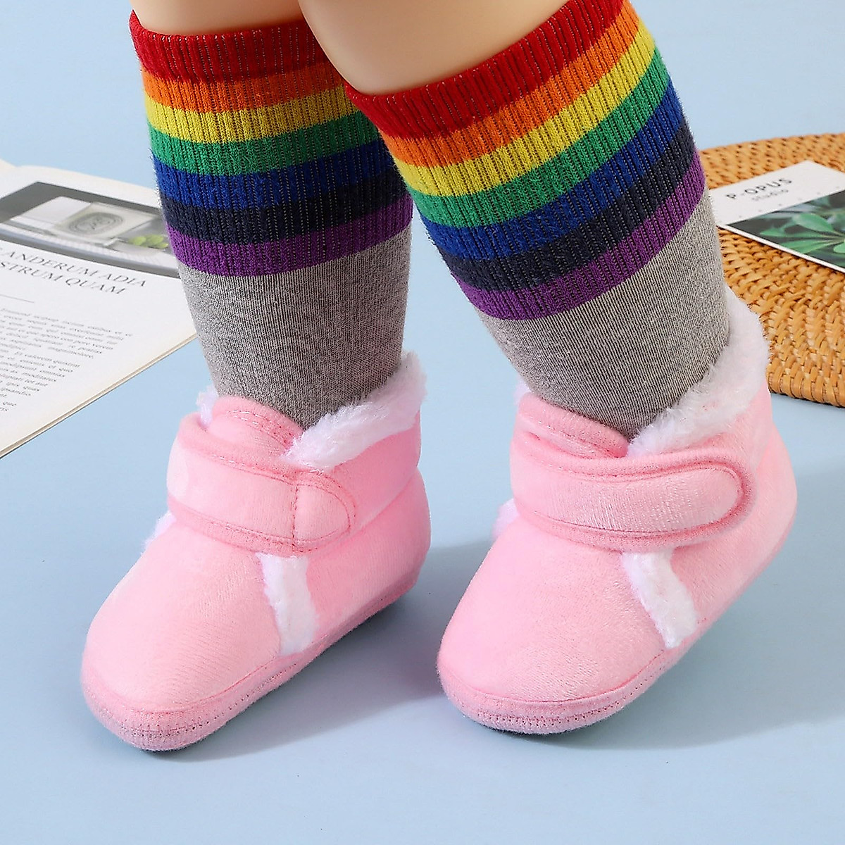Infant Baby Girls Boys Fleece Booties Winter Slippers Socks Soft Sole Stay on Boots Toddler First Walkers Warm Shoes Winter Socks Pink