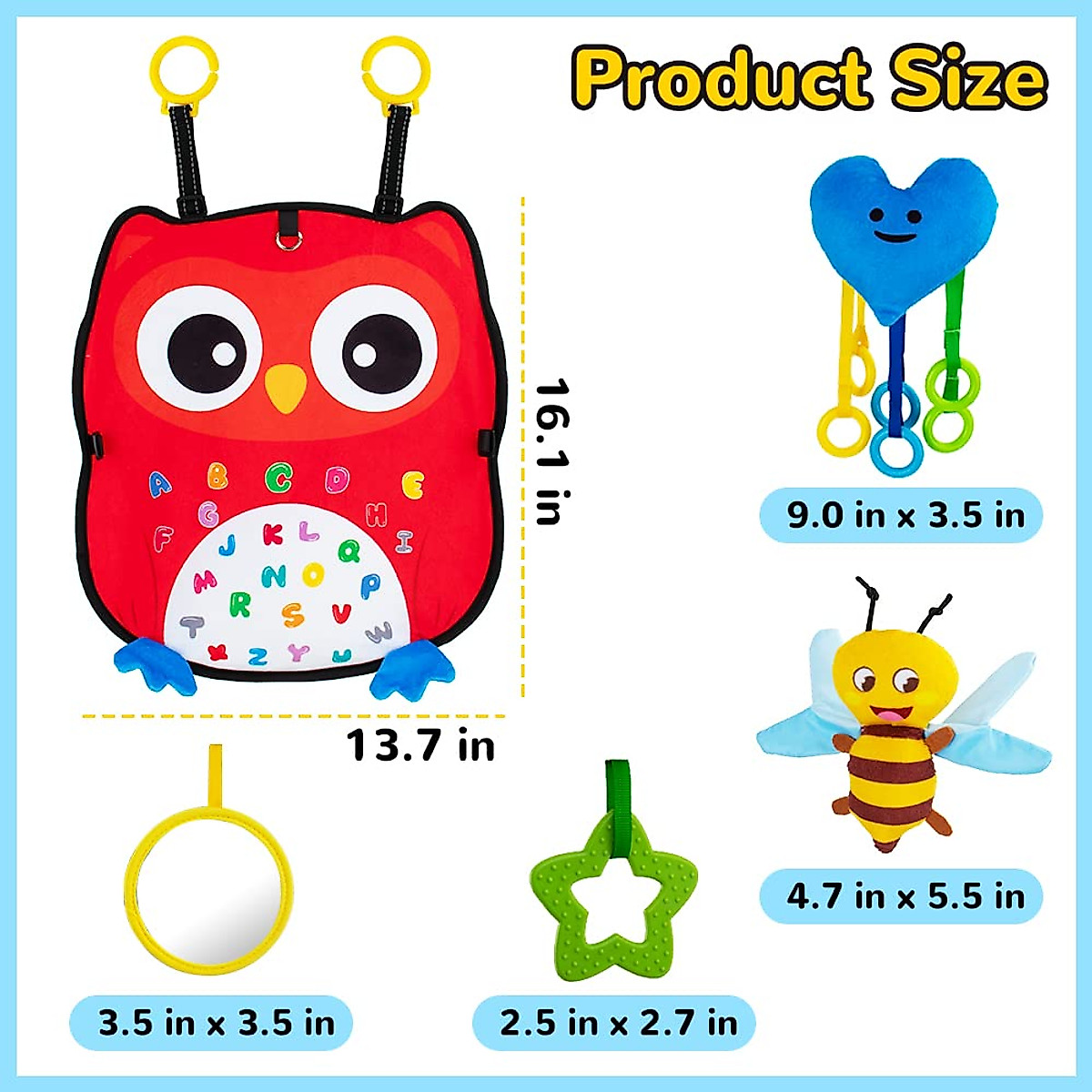 teytoy Baby Car Toys Rear Facing, Adjustable Car Seat Toys Double Sided Car Seat Toys for Babies 6-12 Months with Mirror, Teether, Sensory Pull String Toy and Squeakers, Baby Car Toys Travel Toys