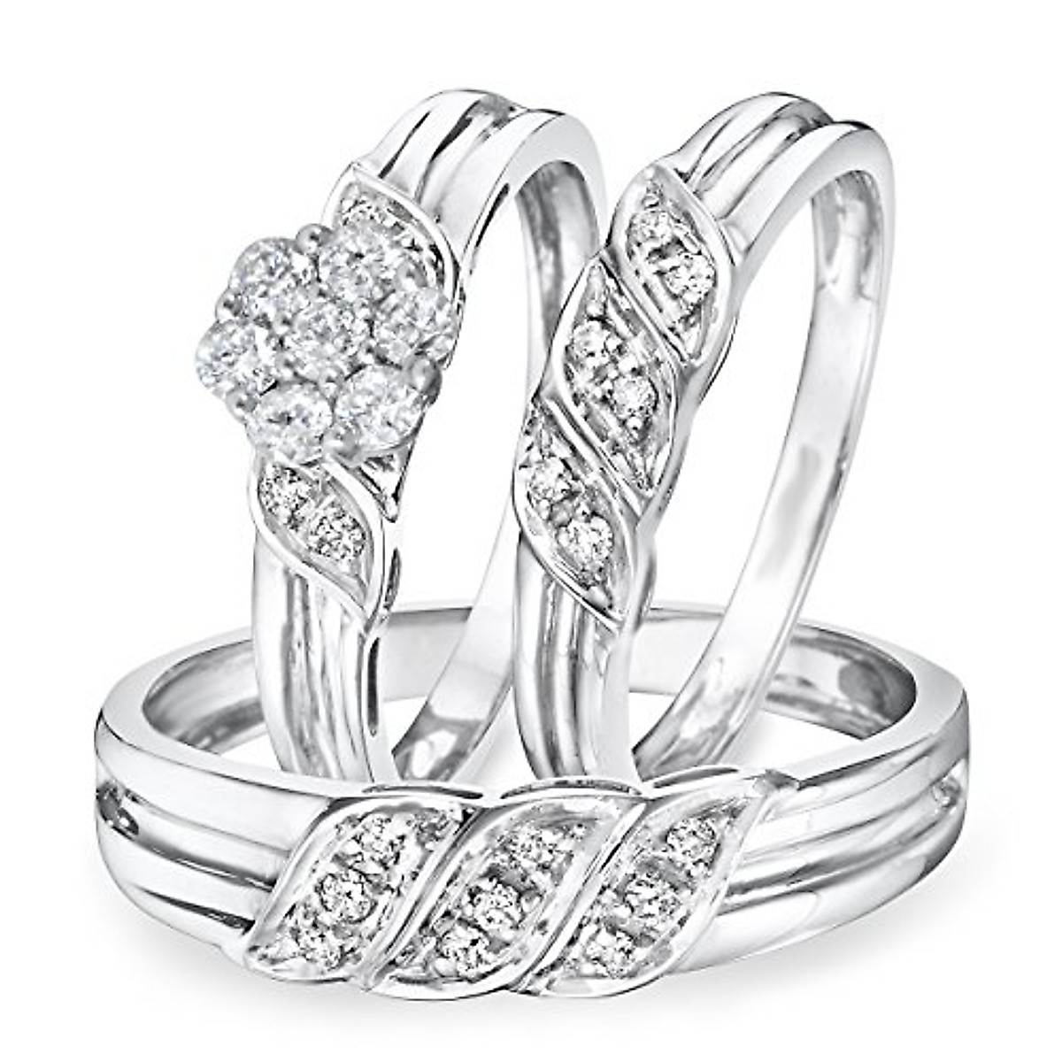 jsjewels 1 CT D/VVS1 Diamond Ladies & Men’s Engagement Wedding Trio Ring Set 14K White Gold Fn