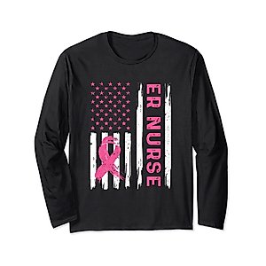 ER Nurse American Flag Nurse Breast Cancer Awareness Long Sleeve T-Shirt