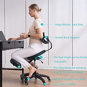 Ergonomic Kneeling Chair with Back Support, Wheels, Adjustable Saddle Chair for Home and Office with Angled Seat for Better Posture, Black