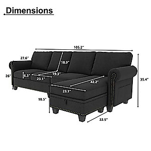 Nolany Convertible Sectional Couch L Shaped Sofa Couch with Storage Reversible Sectional Sofa for Small Space, Dark Grey