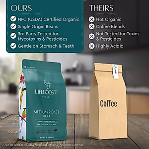 Lifeboost Coffee Organic Coffee Beans Medium Roast - Low Acid Single Origin Non-GMO Organic Whole Bean Coffee - Third Party Tested For Mycotoxins & Pesticides - 12 Ounces