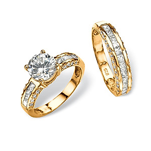 PalmBeach Jewelry Platinum or Yellow Gold-Plated .925 Sterling Silver Round Cubic Zirconia Bridal Ring Set Size 10