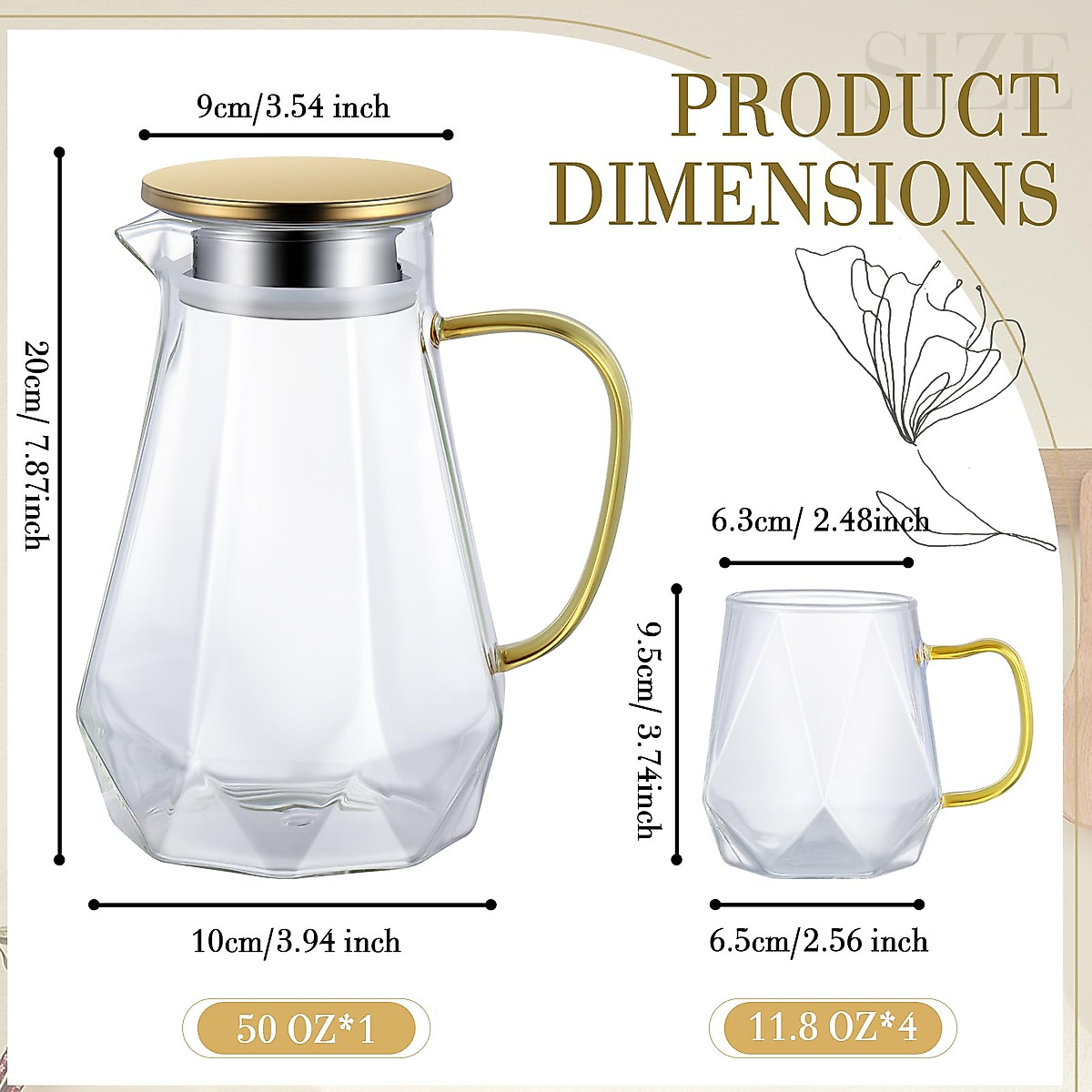 Mumufy 5 Pcs Glass Pitchers Set, 50 oz Borosilicate Glass Pitcher with 4 Cups Diamond Design Water Pitcher with Handle and Stainless Steel Lid Glass Kettle Durability Glass Carafe for Tea Coffee Juice