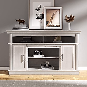 LGHM 58" TV Stand, Entertainment Center for 65 inch TV with Faux Marble Finish, Farmhouse White with Open Storage Shelves and Cabinets for Living Room, Bedroom