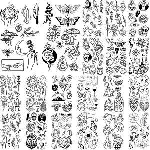 GLARYYEARS 150+ Pattern Black Tiny Temporary Tattoo, Hands Face Halloween Tattoo Sticker for Men Women, Flower Space Moon Snake Designs Body Art on Arm Neck Shoulder Clavicle Waterproof