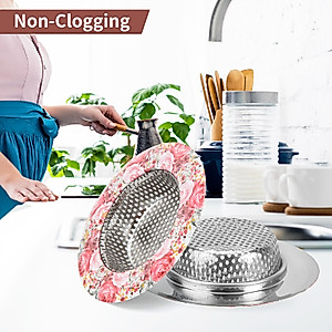 Kitchen Sink Drain Strainer, Raings 2Pcs Sink Drain Strainer Stainless Steel, Floral Sink Strainers with Large Wide Rim 4.5" Diameter for Most Kitchen Sink Drain Basket, Pink Rose Flower