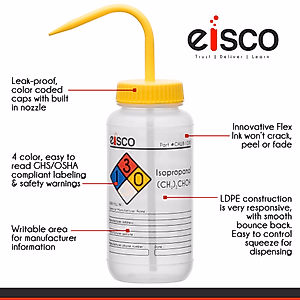EISCO Wash Bottle for Isopropanol, 500ml - Labeled with Color Coded Chemical & Safety Information (4 Colors) - Wide Mouth, Self Venting, Low Density Polyethylene Labs