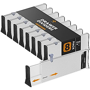 RAPTUROUS Deep Drawer Divider - 4 Inches High, Expands from 11-17 Inch, Adjustable Tall Dividers for Kitchen, Bedroom - Expandable Organizers for Clothes, Dressers etc - 8 Pack White Drawer Separators