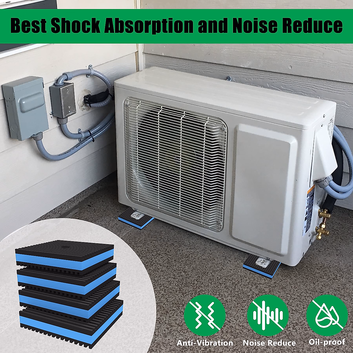 Forestchill Anti Vibration Pads, 4" × 4" × 7/8" Heavy Duty Ribbed Rubber Anti Vibration Isolation Pads with EVA Center Layer for Air Compressor, Air Conditioner Unit, HVAC, Treadmill