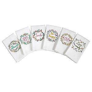 WINCSPACE Sweet and Cute Kitchen Towels Stitchwork with Dream Hope Smile Be Happy Love Live Simple 6 Set French Fry Flour Sack Tea Dish Towel(18INCH*28INCH) (6)